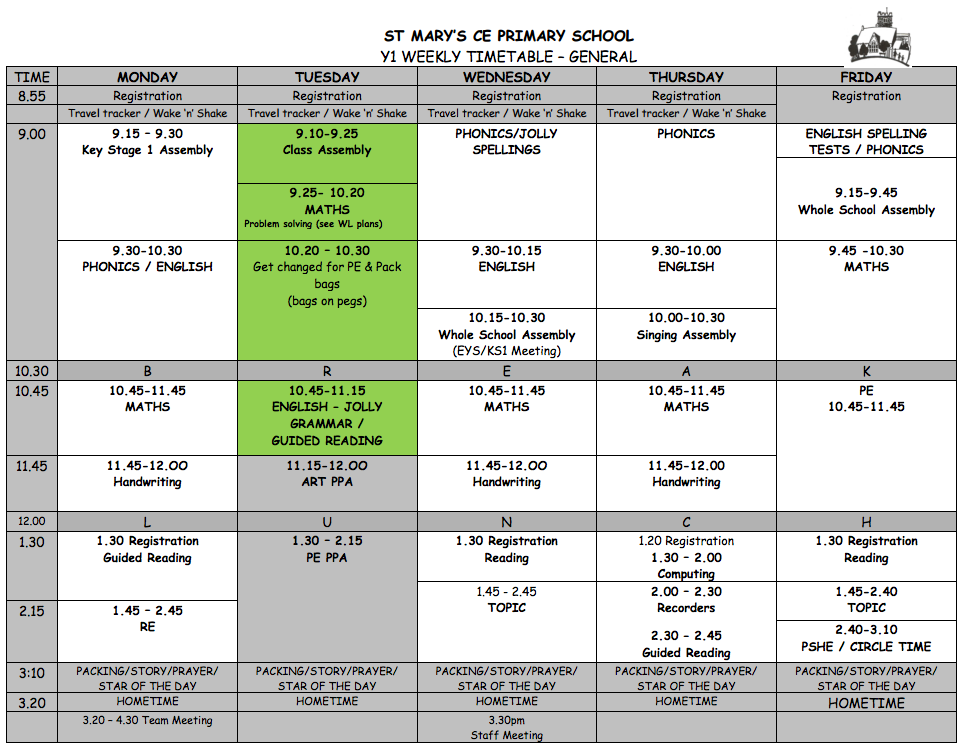 Y1 timetable image - St. Mary's CE Nursery and Primary School, Putney