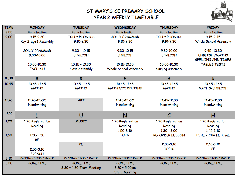 Y2 class timetable image - St. Mary's CE Nursery and Primary School, Putney