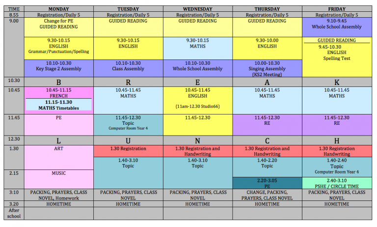 Y4 Class Timetable - St. Mary's CE Nursery and Primary School, Putney